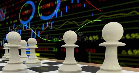 Image Of White Chess Pieces Over Graphs And Charts Processing Data On