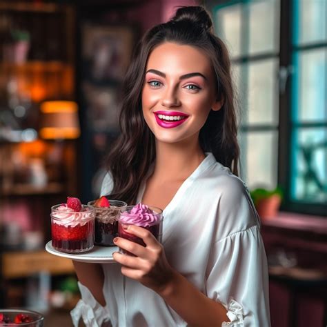 Premium Ai Image Beautiful Hot Women Eating Cup Cake And Taking