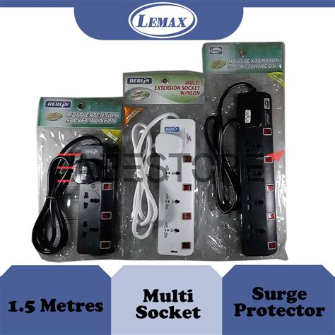 Lemax Berlin Surge Protector Multi Extension Socket Socket Meters White Black