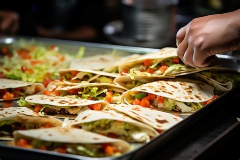 Premium Photo A Chef Assembling A Tray Of Quesadillas With Various