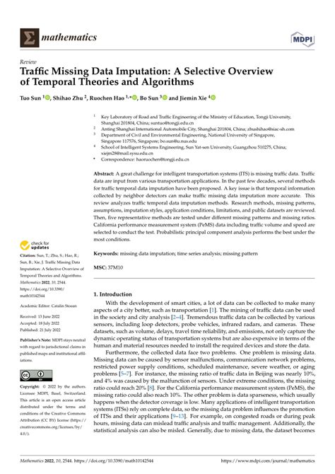 pdf traffic missing data imputation a selective overview of temporal