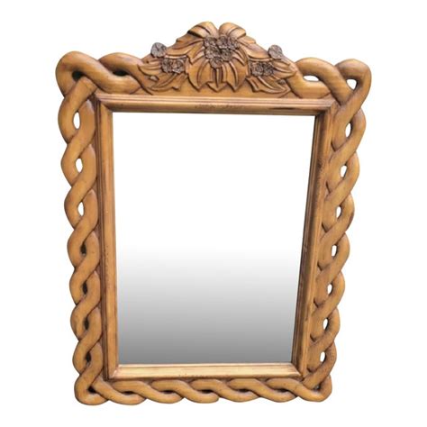Vintage Solid Carved Twisted Braided Pecan Stained Wood Wall Mirror