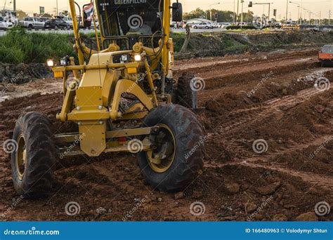 Grader Is Working On Road Construction Grader Industrial Machine On Construction Of New Roads