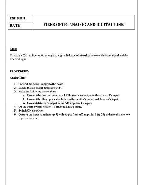 Fiber Optic Analog And Digital Link Lab Experiment Exp No Date Fiber Optic Analog And