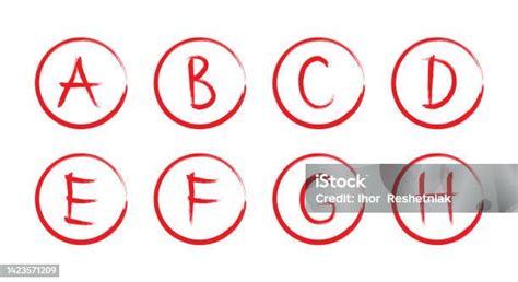 원으로 된 글자 필기 빨간색 마커 A B C D E F G H가 있는 아이콘은 학년 학교 대학 및 교육용으로 설정됩니다 교사 시험 또는 시험을위한 스케치 손으로 그린 기호
