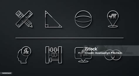선 교차 눈금자와 연필 설정 함수 수학 기호 X 글리프의 제곱근 주판 삼각형 수학 세트 B 및 기하학적 그림 구 아이콘 벡터