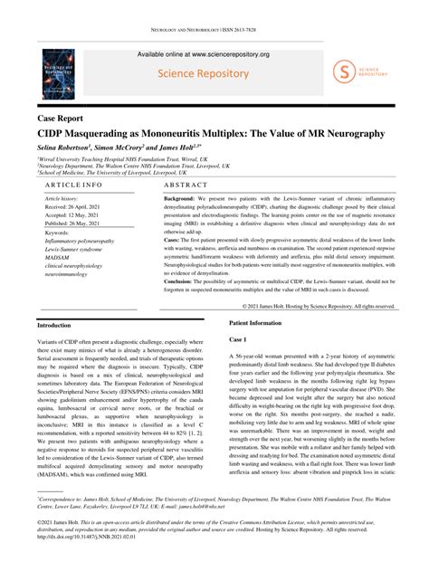 Pdf Cidp Masquerading As Mononeuritis Multiplex The Value Of Mr Neurography