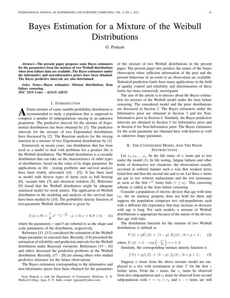 Pdf Bayes Estimation For A Mixture Of The Weibull Distributions