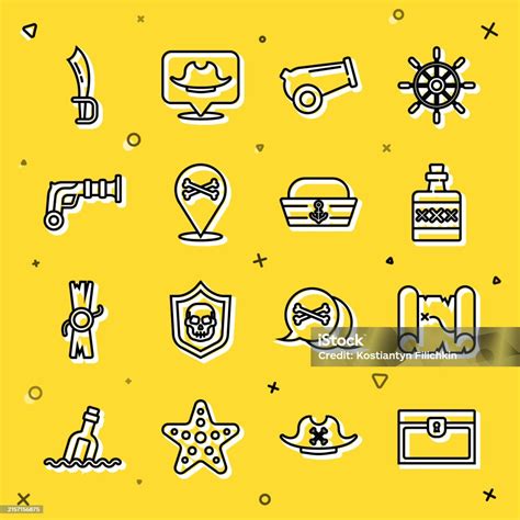 세트 라인 골동품 보물 상자 해적 지도 알코올 음료 럼주 대포 위치 해적 빈티지 권총 검 및 선원 모자 아이콘 벡터 검에 대한 스톡 벡터 아트 및 기타 이미지 Istock