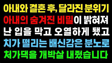 실화사연 아내와 결혼 후 달라진 분위기 아내의 숨겨진 비밀이 밝혀져 난 입을 막고 오열하게 됐고 치가 떨리는 배신감은 분노로 처가댁은 개박살 라디오드라마 사이다사연