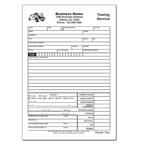 Towing Company Receipt Form