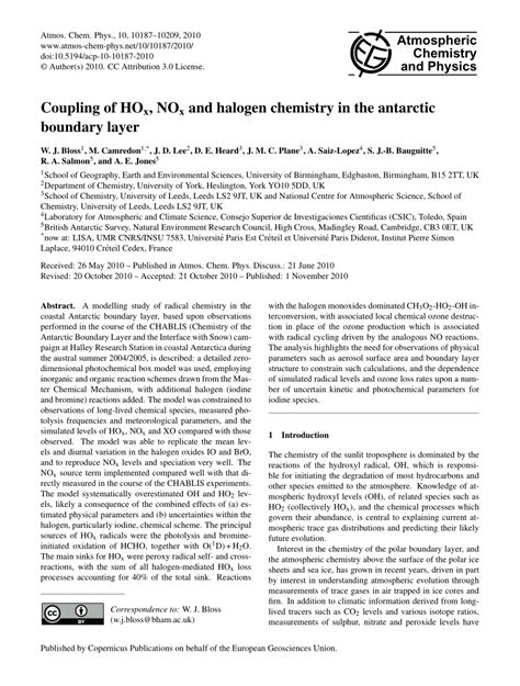 Pdf Coupling Of Hox Nox And Halogen Chemistry In The Antarctic