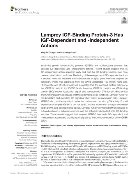Pdf Lamprey Igf Binding Protein 3 Has Igf Dependent And Independent
