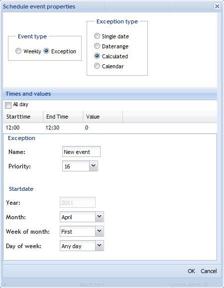 schedule event properties dialog box calculated exception view