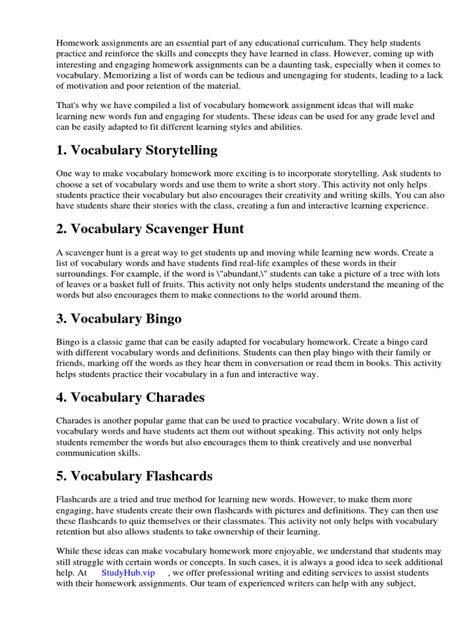 Vocabulary Homework Assignment Ideas Pdf Vocabulary Homework