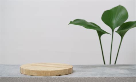 신선한 녹색 잎 흰색 공간 배경이 있는 시멘트 탁상에 빈 나무 연단 질감유기농 건강한 천연 제품 받침대 플랫폼 프로모션 쇼 디스플레이 봄 배너 개념 디자인 0명에 대한 스톡