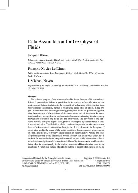 Pdf Data Assimilation For Geophysical Fluids