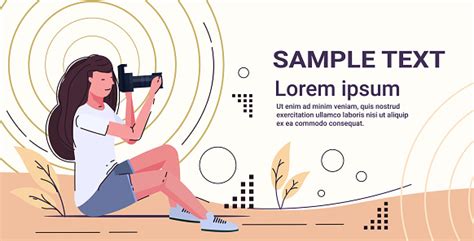 전문 여성 사진 작가 촬영 사진 사진 여자 디지털 Dslr 카메라 여성 만화 캐릭터 풍경 배경 전체 길이 복사 공간 수평으로 촬영 가공의 인물에 대한 스톡 벡터 아트 및