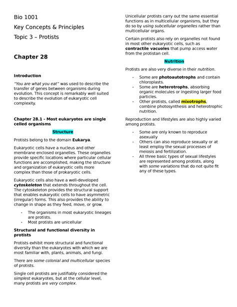 Bio Protists Textbook Summary Chapter Bio Key Concepts Principles Topic