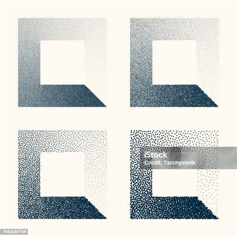 사각형 모양의 점선 개체 빈티지 스티플 요소 점각 점을 사용하여 음영을 그리는 도트워크 하프 톤 붕괴 효과 백색 소음 거친 질감 페이딩 그라디언트 벡터 그림 0명에 대한