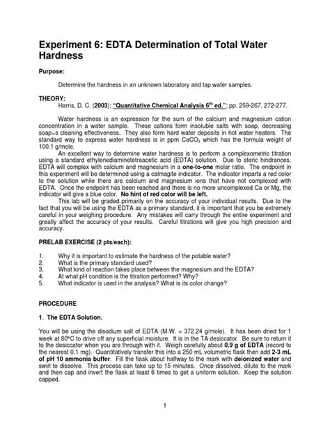 Experiment 6 Edta Determination Of Total Water Hardness Purpose Pdf Titration Chemistry