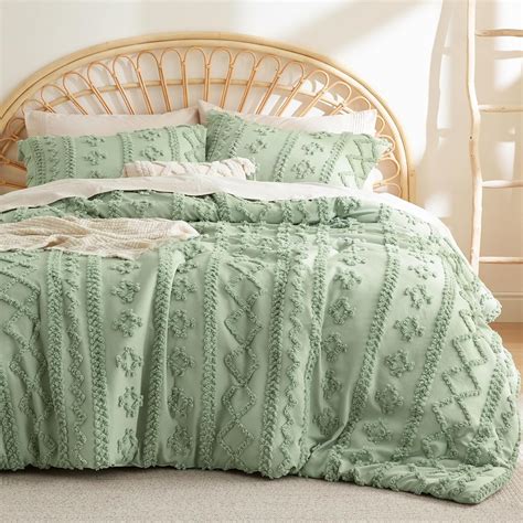 Tufted Boho Comforter Set Queen Size Sage Green Boho Bedding Comforter Set 3 Pieces Farmhouse