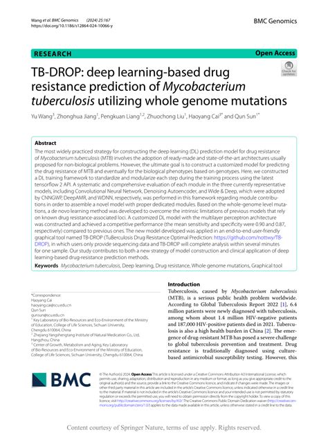 Pdf Tb Drop Deep Learning Based Drug Resistance Prediction Of