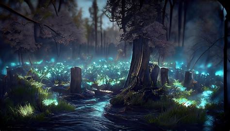 Premium Photo Dark Night Forest With A Magical Portal To An Alien World With Green Grass And