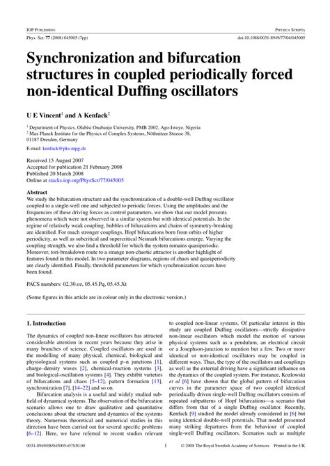 Pdf Bifurcation And Chaos In Coupled Periodically Forced Non Identical Duffing Oscillators