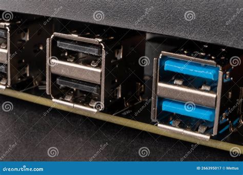 Usb Connectors On The Computer Motherboard Backplate In A Row Of Type2 And Type3 Stock Image