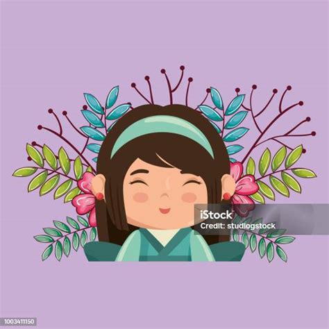 Gadis Jepang Kecil Kawaii Dengan Karakter Bunga Ilustrasi Stok Unduh
