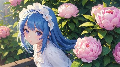 Premium Photo Cute Girl In The Peony Garden In Anime Style