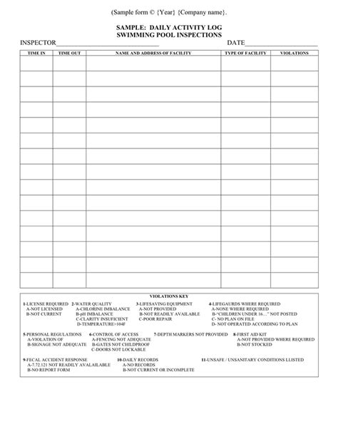 Swimming Pool Inspections Daily Log In Word And Pdf Formats