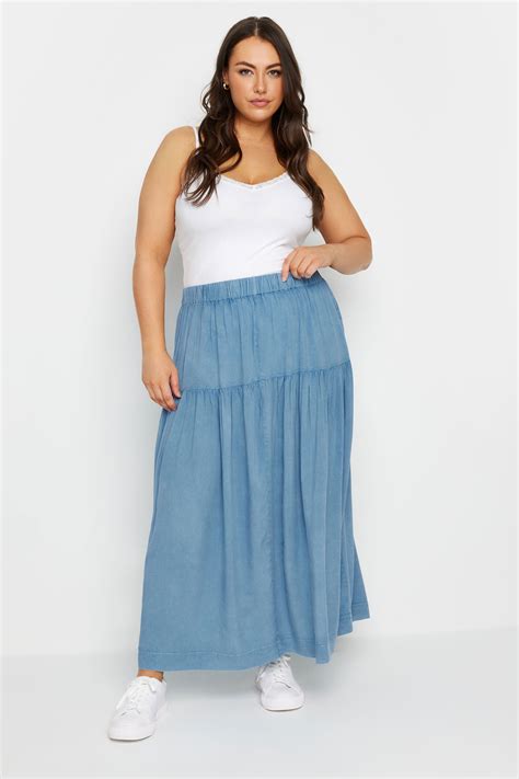 Yours Plus Size Blue Chambray Tiered Midi Skirt Yours Clothing
