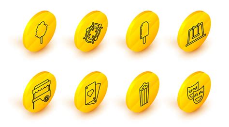 세트 라인 코미디 연극 마스크 골판지 상자에 팝콘 재생 천막 스윙 아이스크림 슈팅 경쟁을위한 대상 스포츠 및 솜사탕 아이콘과 패스트 스트리트 푸드 카트 벡터 3차원 형태에