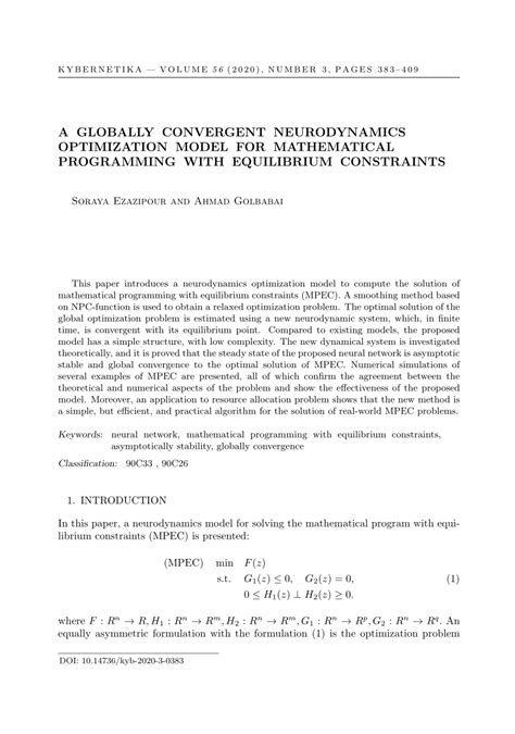 Pdf A Globally Convergent Neurodynamics Optimization Model For