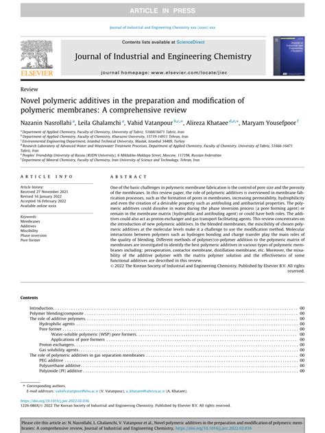 Pdf Novel Polymeric Additives In The Preparation And Modification Of Polymeric Membranes A