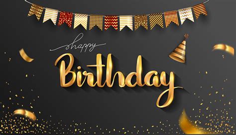 인사말 카드 및 초대장에 대 한 생일 타이포 그래피 디자인 풍선 색종이 및 선물 상자 금과 검은 색으로 우아한 디자인 생일 축 하에 대 한 디자인 서식 파일 공휴일에 대한