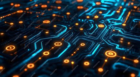 Abstract Digital Circuit Board With Glowing Blue And Orange Lines