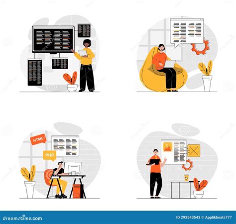 Programming Concept With Character Set Collection Of Scenes People Working With Code Testing