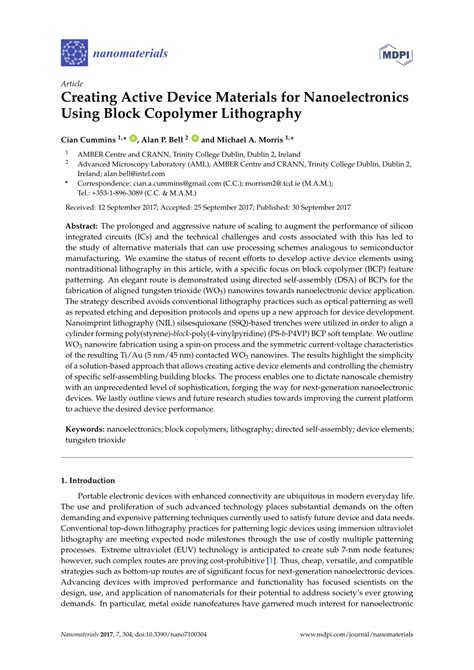 Pdf Creating Active Device Materials For Nanoelectronics Using Block Copolymer Lithography