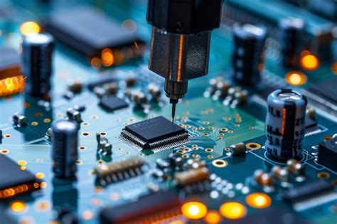 Closeup Of A Robotic Arm Assembling Electronic Components On A Circuit