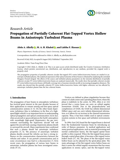 Pdf Propagation Of Partially Coherent Flat Topped Vortex Hollow Beams In Anisotropic Turbulent