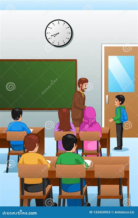 Students And Teacher In The Classroom Illustration Stock Vector