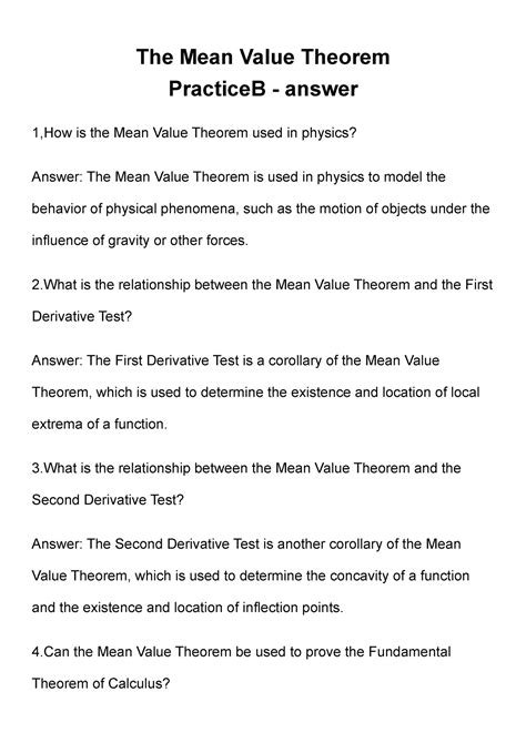 The Mean Value Theorem Practice B Answer The Mean Value Theorem PracticeB Answer How Is