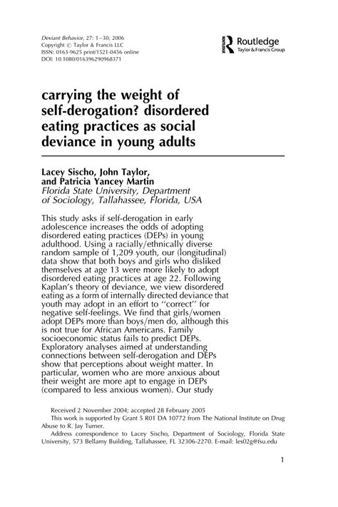 Pdf Carrying The Weight Of Self Derogationdisordered Eating Practices As Social Deviance In