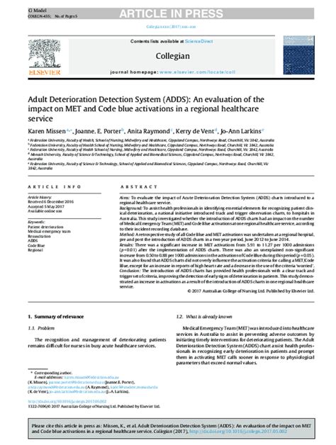 Pdf Adult Deterioration Detection System Adds An Evaluation Of The Impact On Met And Code