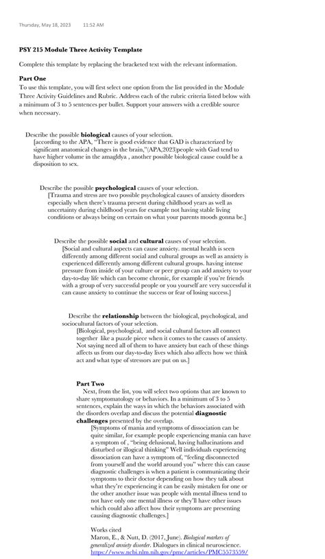 Psy 215 Module Three Activity Template