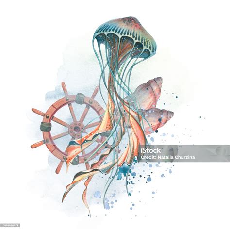 핸들과 조개껍데기가 있는 해파리 수채화 그림입니다 흰색 배경에 Symphony Of Sea 컬렉션의 얼룩과 페인트가 튀는 구성