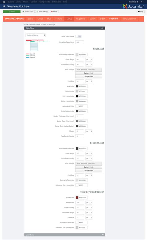 horizontal menu menus sparky framework docs hot themes